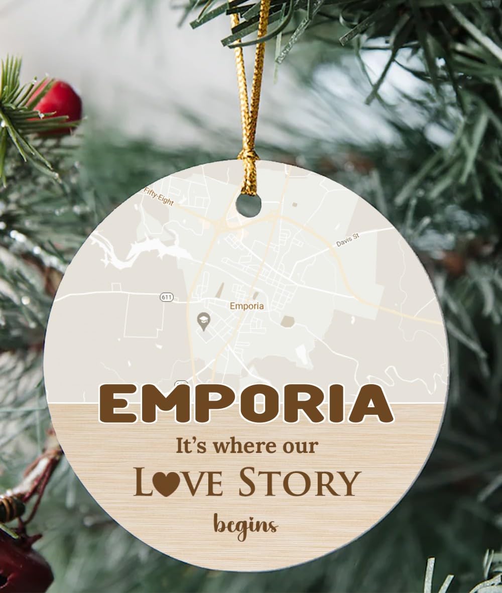 2024 Ornament Christmas Map City Emporia VA It's Where Our Love Story Begins for Couple Emporia Ornament 3 inch Circle Plastic
