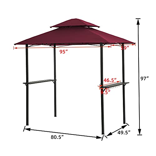 ADUH 8x5 Ft Outdoor Grill Gazebo Shelter Tent 2-Tier Soft Top Canopy&Steel Frame with Hook&Bar Counters Khaki/Burgundy (Color : E)
