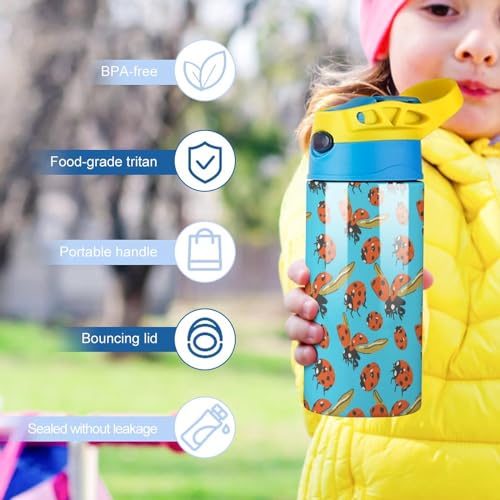 Kids Water Bottle with Straw Lid Hand-drawn Cartoon Ladybugs Print 12 Oz/350 Ml Stainless Steel Reusable Thermos Bottles