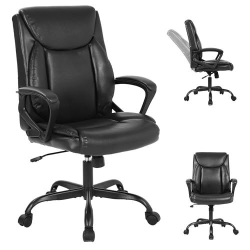 Home Office Chair,PU Leather Mid Back Computer Chair with Lumbar Support,Executive Desk Chair with 360-Degree Rolling Swivel TiltďźErgonomic Desk Chair with Padded Armrest for Adult Men Women,Black