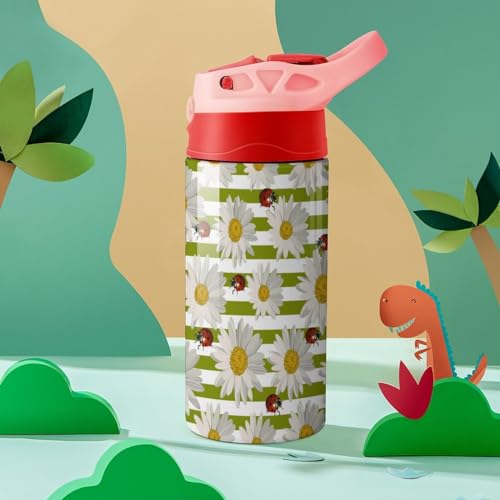 Kids Water Bottle with Straw Lid White Daisies And Ladybugs Print 12 Oz/350 Ml Stainless Steel Reusable Thermos Bottles