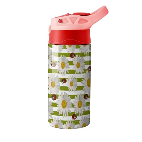 Kids Water Bottle with Straw Lid White Daisies And Ladybugs Print 12 Oz/350 Ml Stainless Steel Reusable Thermos Bottles