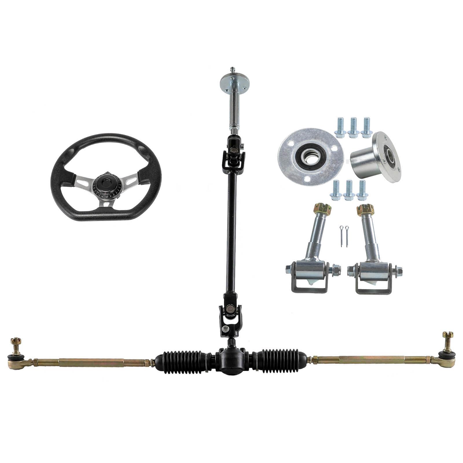 YC Yier Front Steering Wheel Tie Rod Kit Gear Rack Pinion Shaft & 3 Stud 5" Wheel Hub Steering Spindle Knuckle DIY Parts for Go Kart Go Cart Golf Cart ATV UTV Buggy Drift Trike 4 Wheeler Dolly Cart