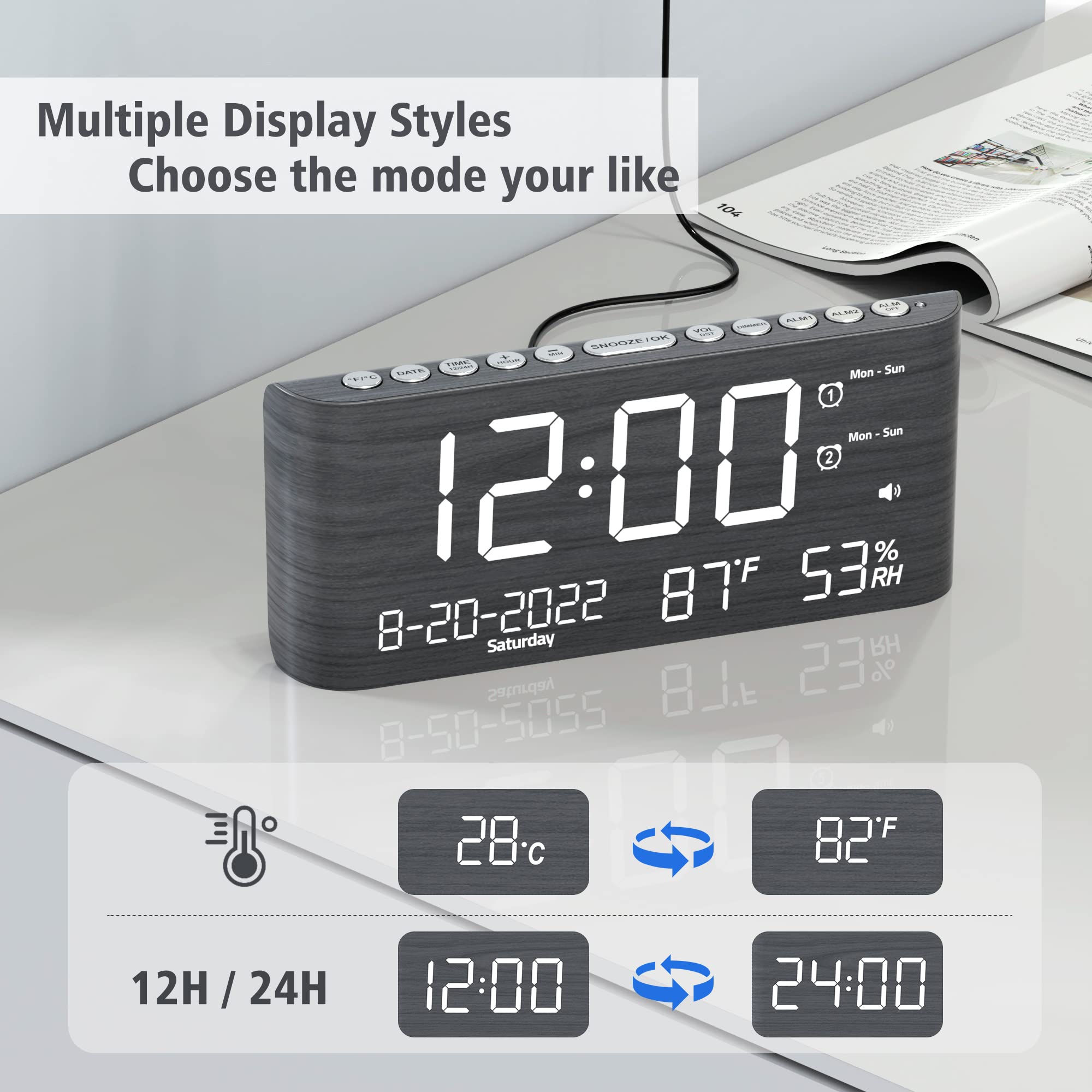 Digital Wooden Alarm Clock with Dual Alarm,Weekday/Weekend Mode,Adjustable Volume,Humidity & Temperature Detect,2-100% Dimmer,12/24H,Snooze,2 USB Chargers,Battery Backup, Loud Alarm Clock for Bedroom