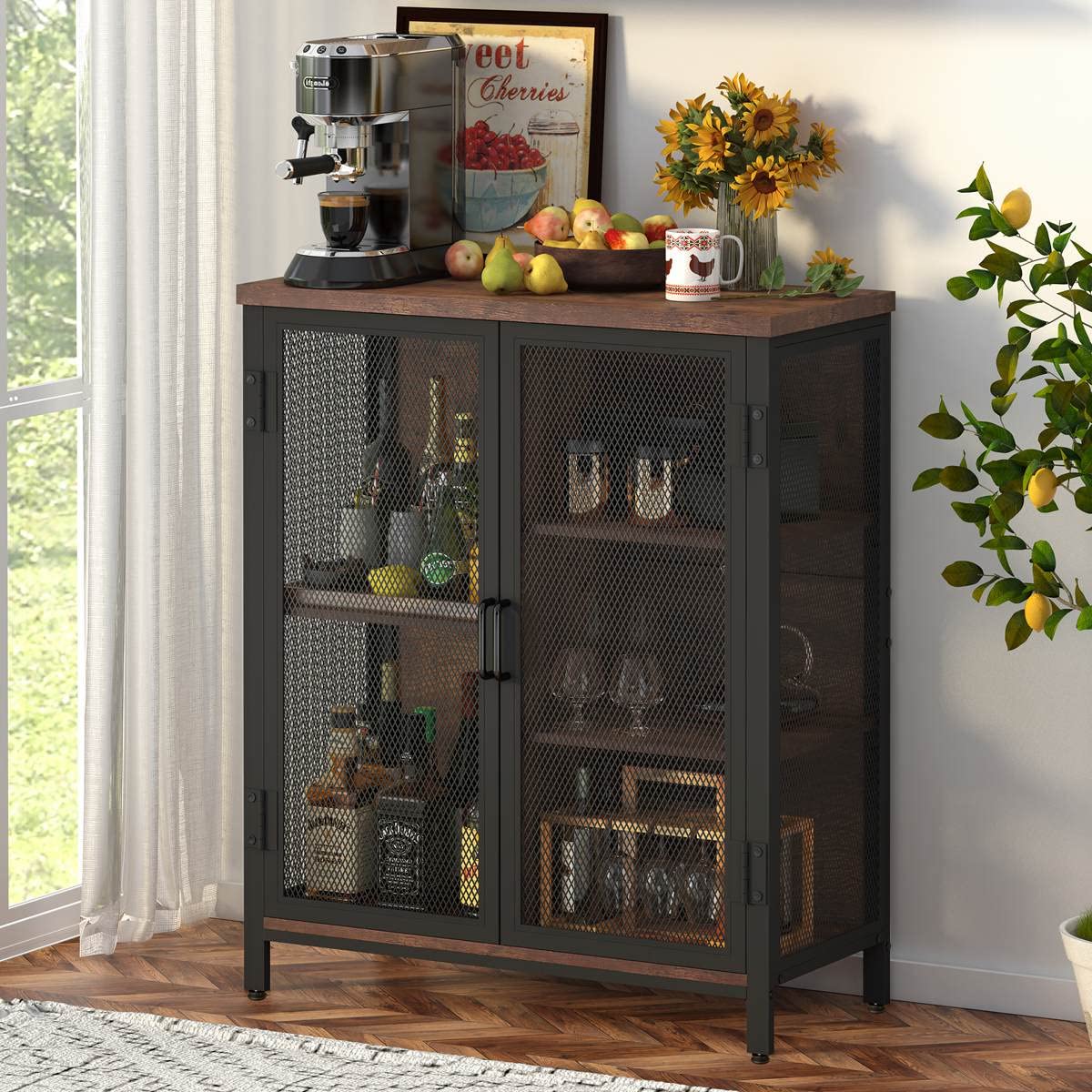BON AUGURE Rustic Coffee Bar Cabinet for Liquor, Bar Cart on Wheels for The Home, Industrial Small Buffet Sideboard for Kitchen and Dining Room (Rustic Oak)