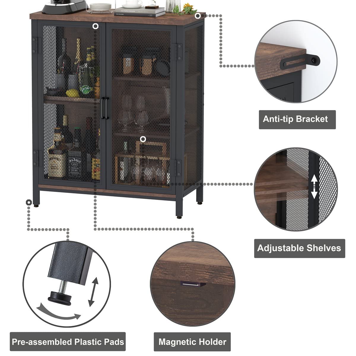 BON AUGURE Rustic Coffee Bar Cabinet for Liquor, Bar Cart on Wheels for The Home, Industrial Small Buffet Sideboard for Kitchen and Dining Room (Rustic Oak)