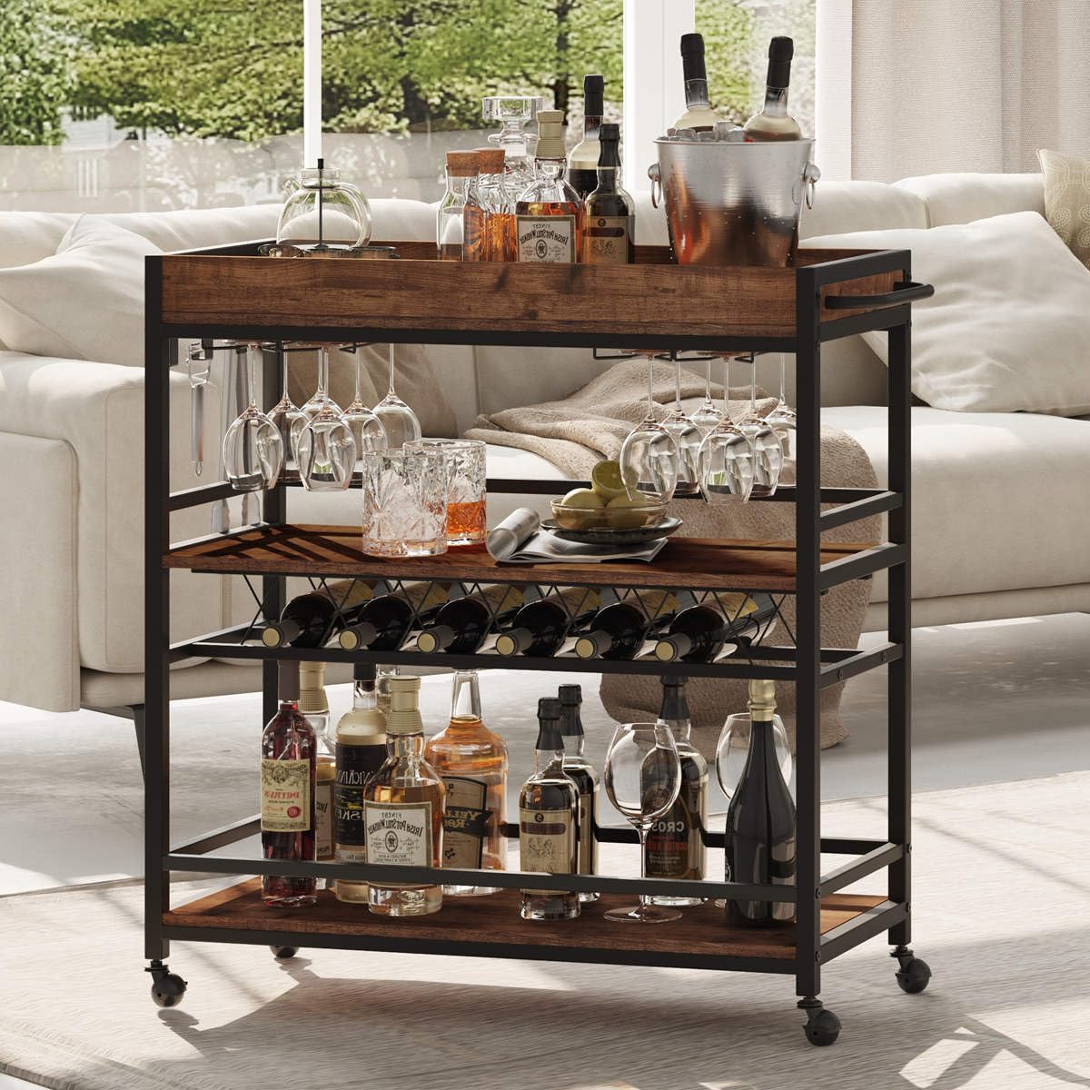 BON AUGURE Rustic Coffee Bar Cabinet for Liquor, Bar Cart on Wheels for The Home, Industrial Small Buffet Sideboard for Kitchen and Dining Room (Rustic Oak)