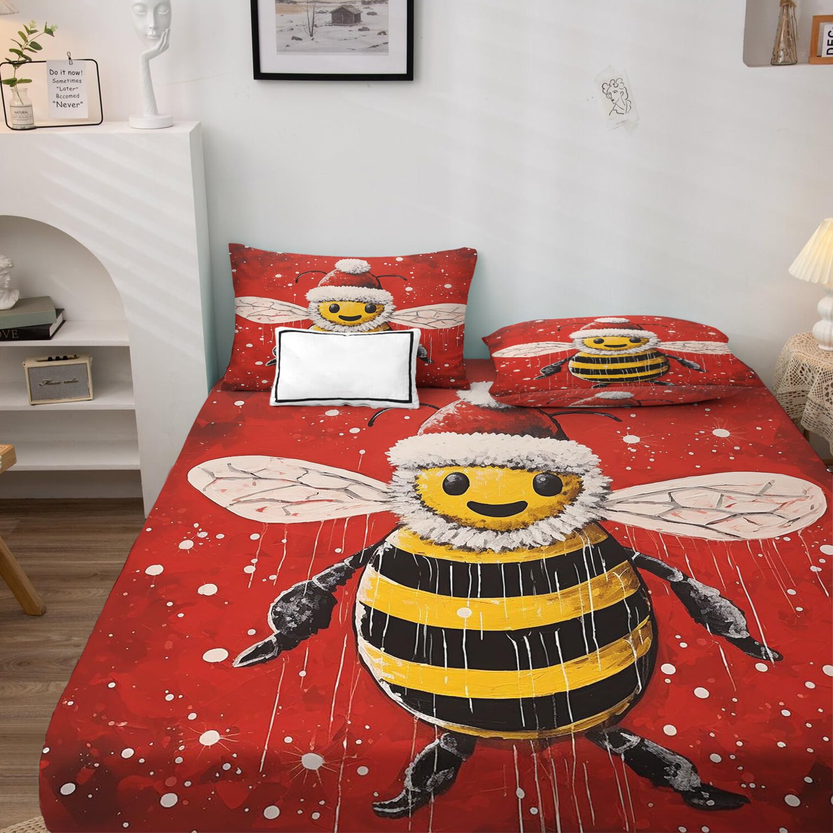 Full Size Sheet Sets - Christmas Bee Bed Sheets, Cartoon Honey Bee Bedding Sheets & Pillowcases, Soft Microfiber & Deep Pocket & Wrinkle Free Sheet Set, 1 Fitted Sheet, 1 Flat Sheet, 2 Pillow Cases