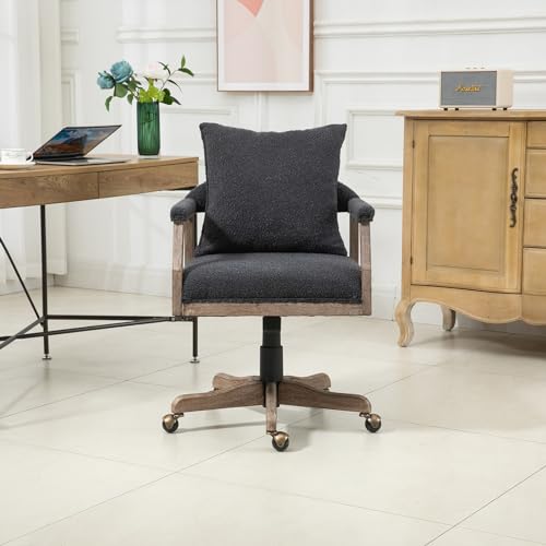 Luoyisimall Adjustable Swivel Desk Chair,Boucle Upholstered Seat Home Office Computer Chair with Wheels and Back Pillow,Solid Wood Task Execution Armchair for Office Study Makeup (Black)
