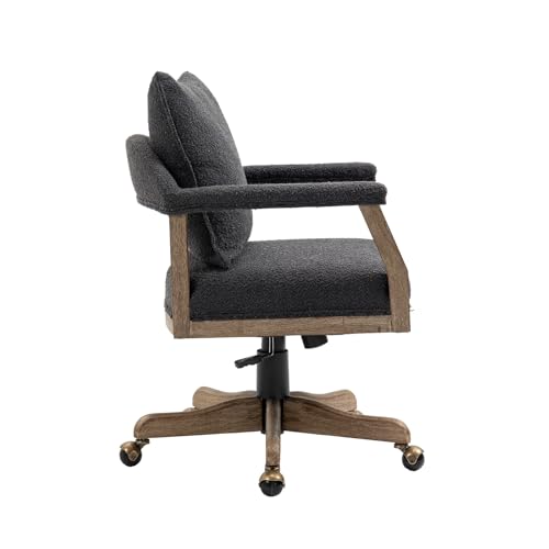 Luoyisimall Adjustable Swivel Desk Chair,Boucle Upholstered Seat Home Office Computer Chair with Wheels and Back Pillow,Solid Wood Task Execution Armchair for Office Study Makeup (Black)