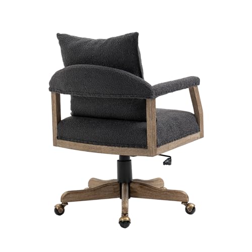 Luoyisimall Adjustable Swivel Desk Chair,Boucle Upholstered Seat Home Office Computer Chair with Wheels and Back Pillow,Solid Wood Task Execution Armchair for Office Study Makeup (Black)