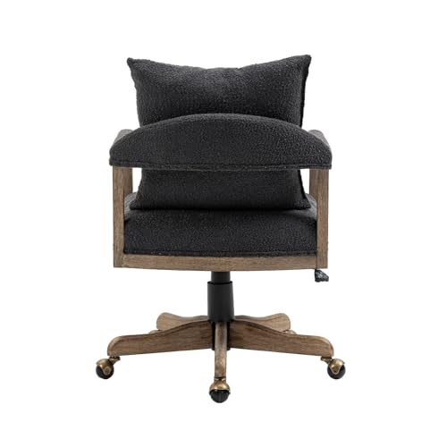 Luoyisimall Adjustable Swivel Desk Chair,Boucle Upholstered Seat Home Office Computer Chair with Wheels and Back Pillow,Solid Wood Task Execution Armchair for Office Study Makeup (Black)