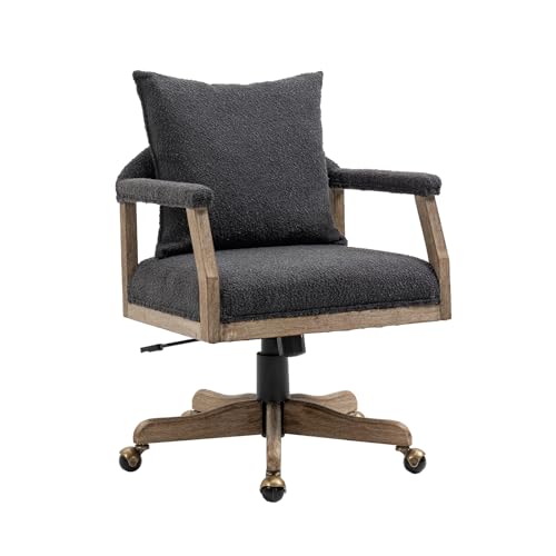 Luoyisimall Adjustable Swivel Desk Chair,Boucle Upholstered Seat Home Office Computer Chair with Wheels and Back Pillow,Solid Wood Task Execution Armchair for Office Study Makeup (Black)