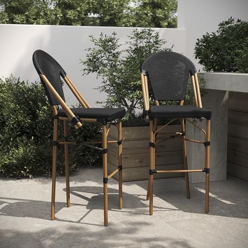 Flash Furniture Marseille Indoor/Outdoor Commercial Bistro Stacking Bar Stool - Black Textilene Back and Seat - Natural Bamboo Print Metal Frame, 2 Pack