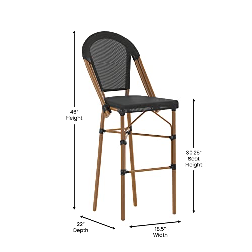 Flash Furniture Marseille Indoor/Outdoor Commercial Bistro Stacking Bar Stool - Black Textilene Back and Seat - Natural Bamboo Print Metal Frame, 2 Pack