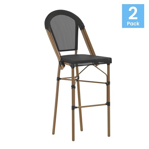 Flash Furniture Marseille Indoor/Outdoor Commercial Bistro Stacking Bar Stool - Black Textilene Back and Seat - Natural Bamboo Print Metal Frame, 2 Pack