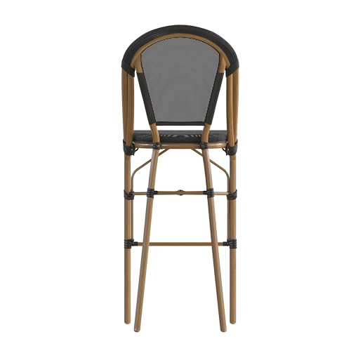 Flash Furniture Marseille Indoor/Outdoor Commercial Bistro Stacking Bar Stool - Black Textilene Back and Seat - Natural Bamboo Print Metal Frame, 2 Pack