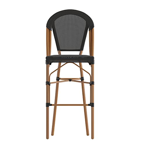 Flash Furniture Marseille Indoor/Outdoor Commercial Bistro Stacking Bar Stool - Black Textilene Back and Seat - Natural Bamboo Print Metal Frame, 2 Pack