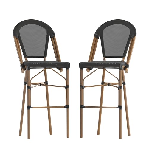 Flash Furniture Marseille Indoor/Outdoor Commercial Bistro Stacking Bar Stool - Black Textilene Back and Seat - Natural Bamboo Print Metal Frame, 2 Pack