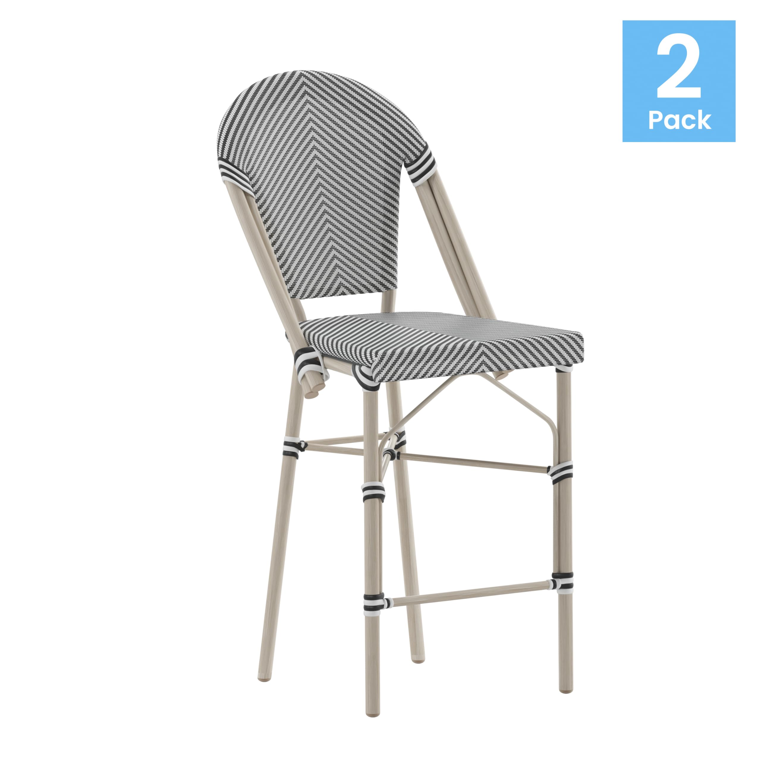 Flash Furniture Marseille Indoor/Outdoor Commercial Bistro Stacking Counter Stool - Black/White Textilene Back and Seat - Lt Natural Bamboo Metal Frame, 2 Pack