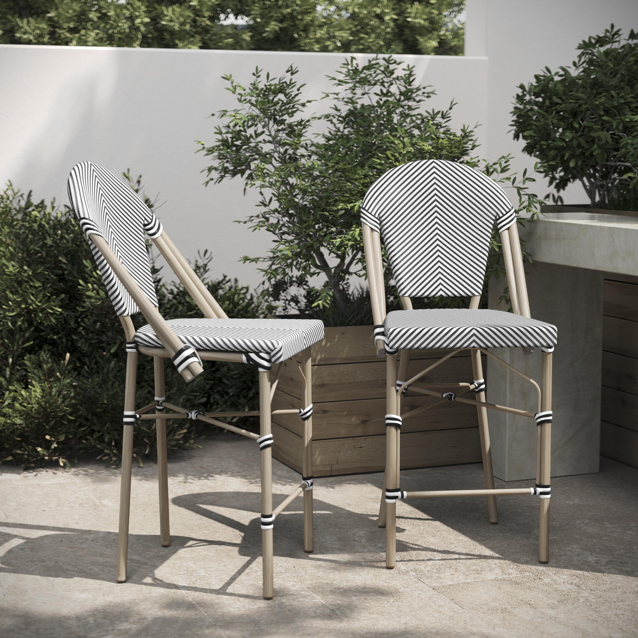 Flash Furniture Marseille Indoor/Outdoor Commercial Bistro Stacking Counter Stool - Black/White Textilene Back and Seat - Lt Natural Bamboo Metal Frame, 2 Pack