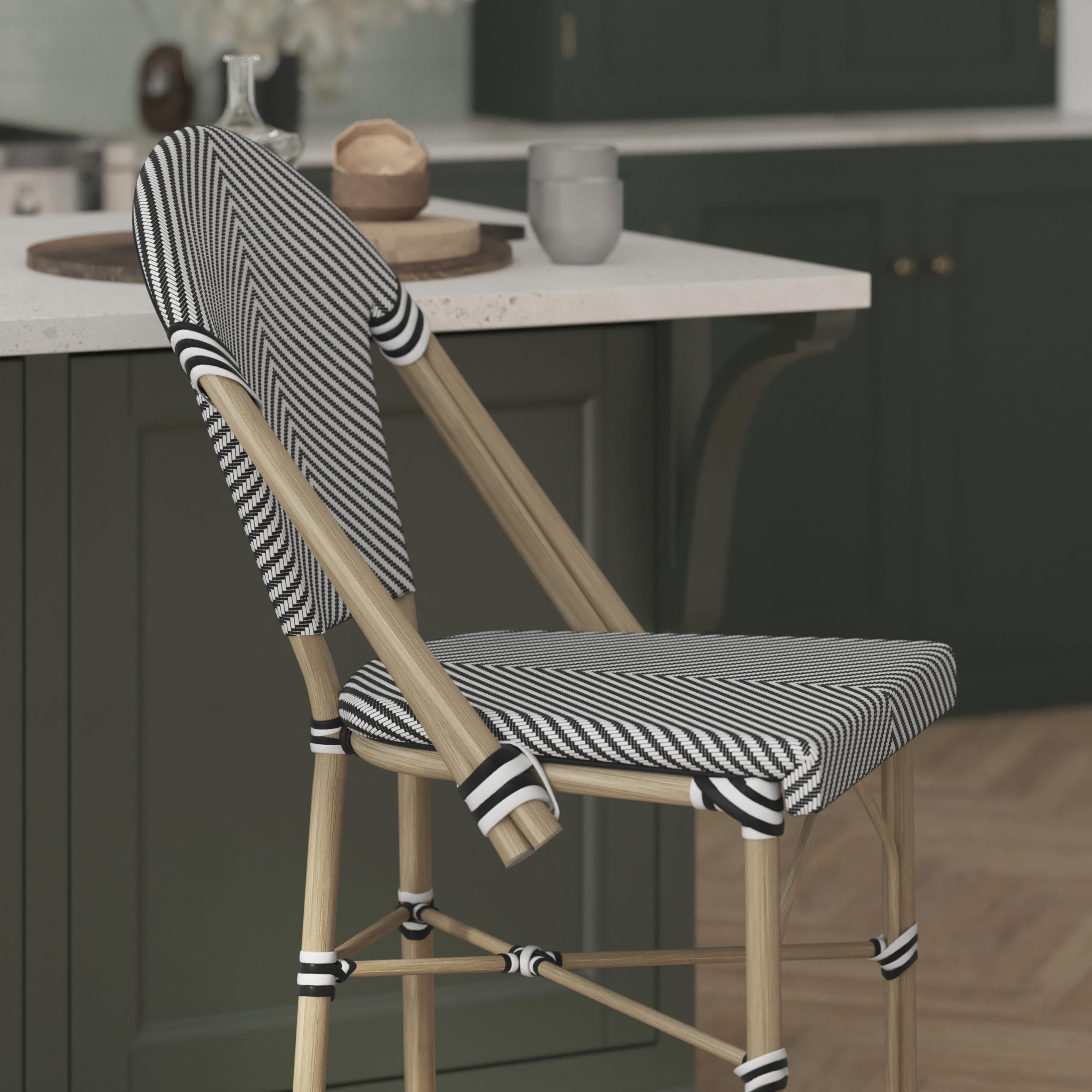 Flash Furniture Marseille Indoor/Outdoor Commercial Bistro Stacking Counter Stool - Black/White Textilene Back and Seat - Lt Natural Bamboo Metal Frame, 2 Pack