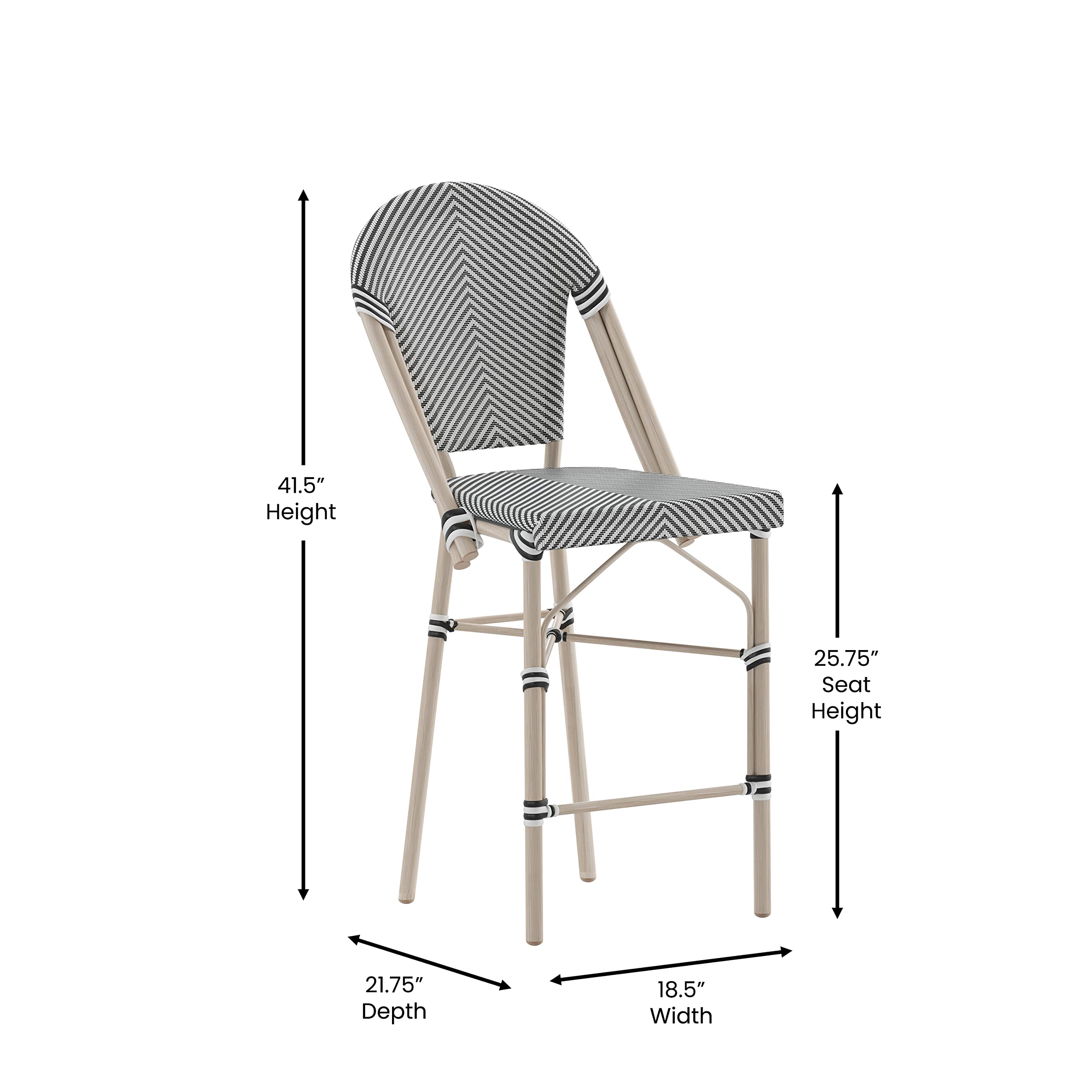 Flash Furniture Marseille Indoor/Outdoor Commercial Bistro Stacking Counter Stool - Black/White Textilene Back and Seat - Lt Natural Bamboo Metal Frame, 2 Pack