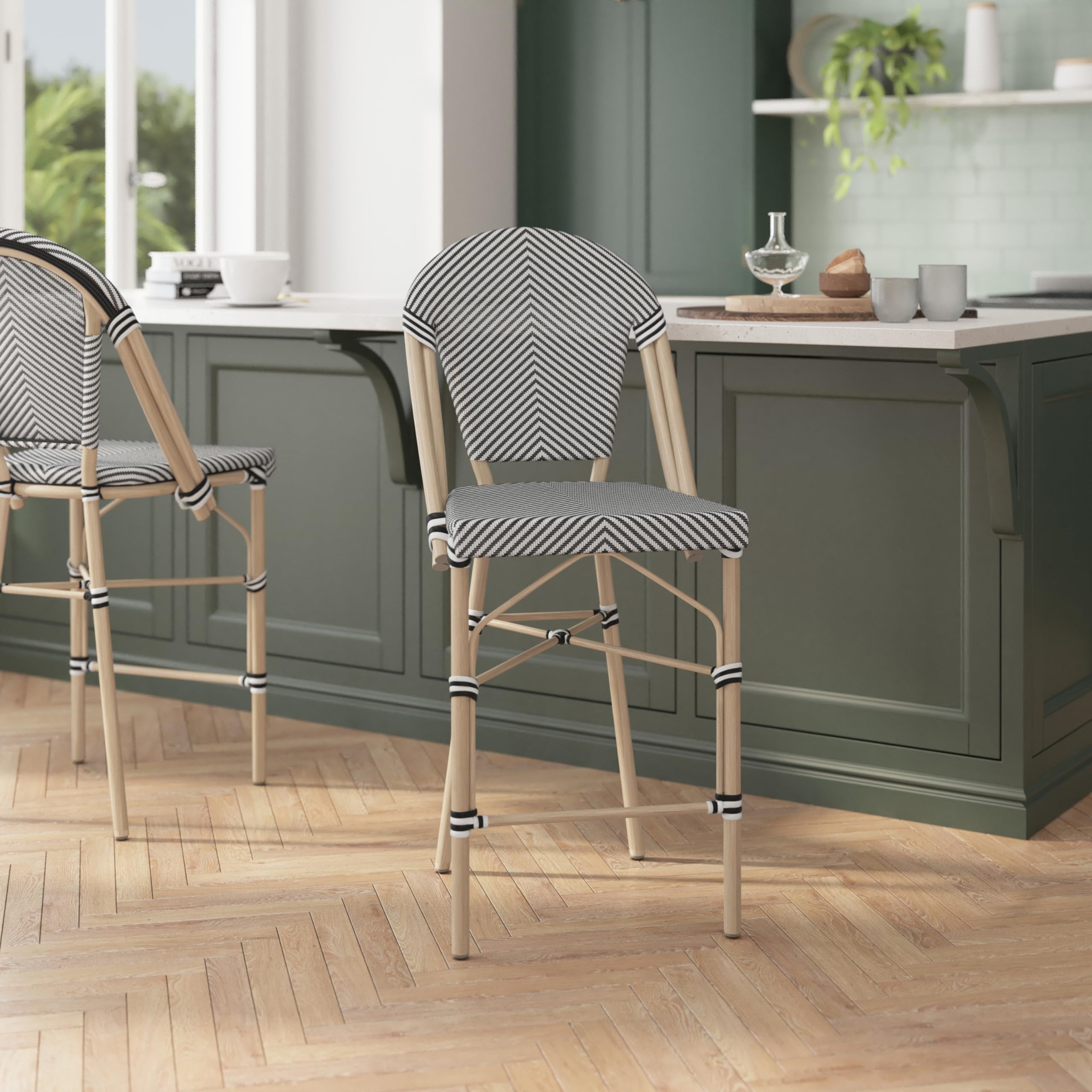 Flash Furniture Marseille Indoor/Outdoor Commercial Bistro Stacking Counter Stool - Black/White Textilene Back and Seat - Lt Natural Bamboo Metal Frame, 2 Pack