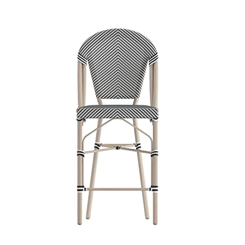 Flash Furniture Marseille Indoor/Outdoor Commercial Bistro Stacking Counter Stool - Black/White Textilene Back and Seat - Lt Natural Bamboo Metal Frame, 2 Pack