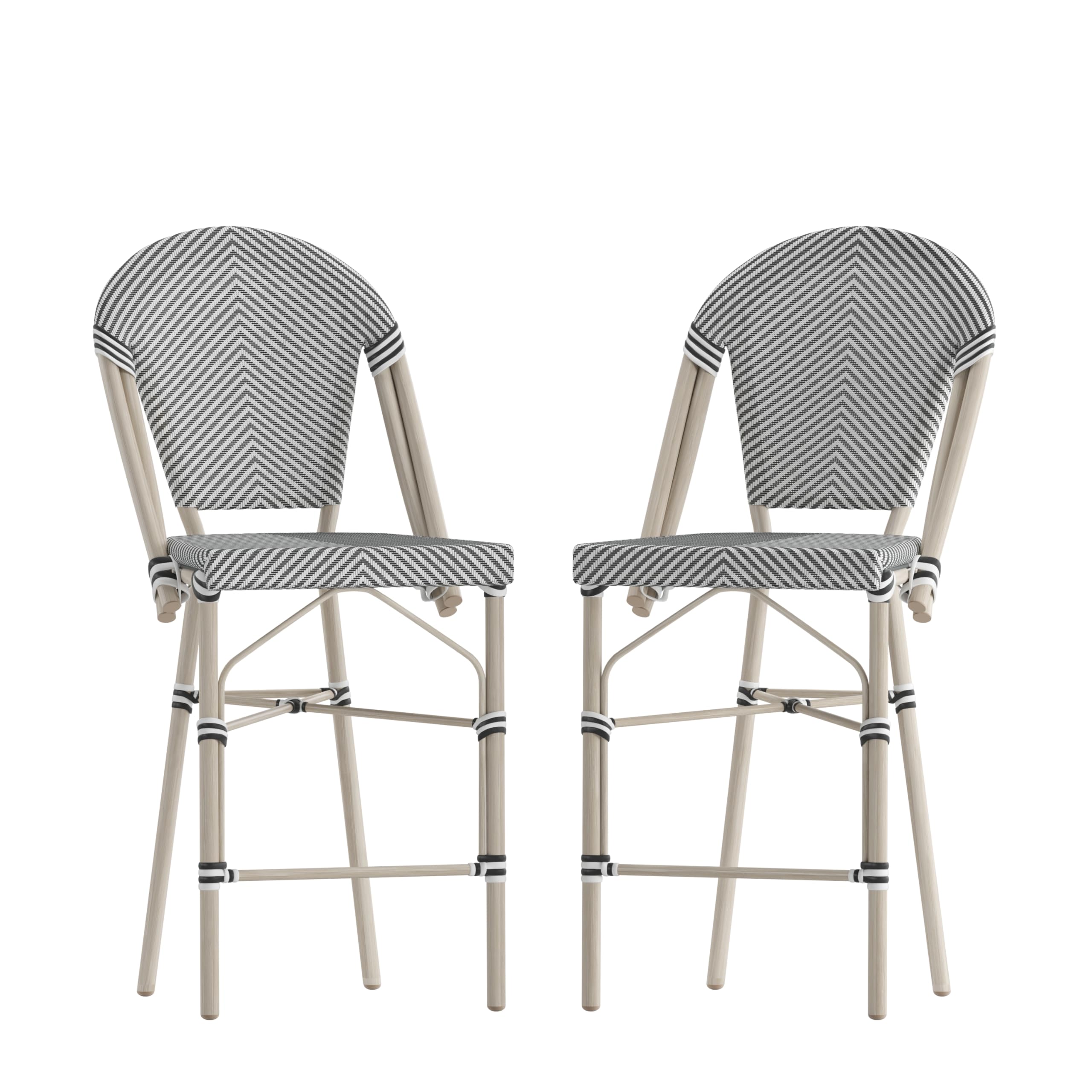 Flash Furniture Marseille Indoor/Outdoor Commercial Bistro Stacking Counter Stool - Black/White Textilene Back and Seat - Lt Natural Bamboo Metal Frame, 2 Pack