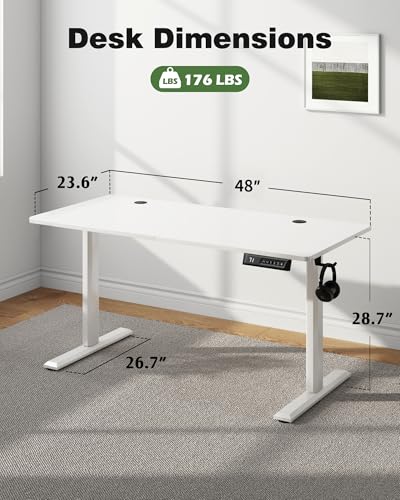 Shahoo Electric Standing Desk 48 Inch, Ergonomic Height Adjustable Table with T-Shaped Metal Bracket Modern Computer Workstations for Home Office, White, 48 x 24 Inches