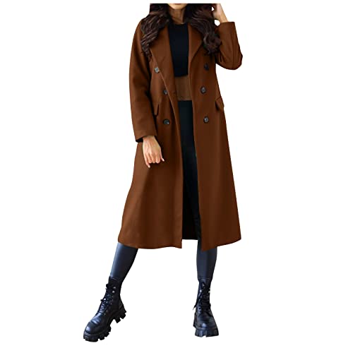 Coats For Women, Woolen Coat Winter Long Solid Double Breasted Sleeves Pocketless Coat Outwear Decoration Coat Women Cropped Blazer Jackets Full Length Puffer Coat Jacket (XL, Brown)