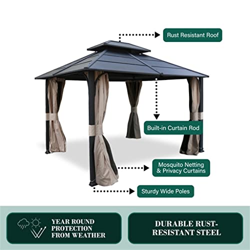 ADUH 12 Ft. W X 14 Ft. D Metal Black 2-Tier Double Roof Patio Gazebo with Curtains and Netting (Color : D, Size : 12 Ft. W X 14 Ft)