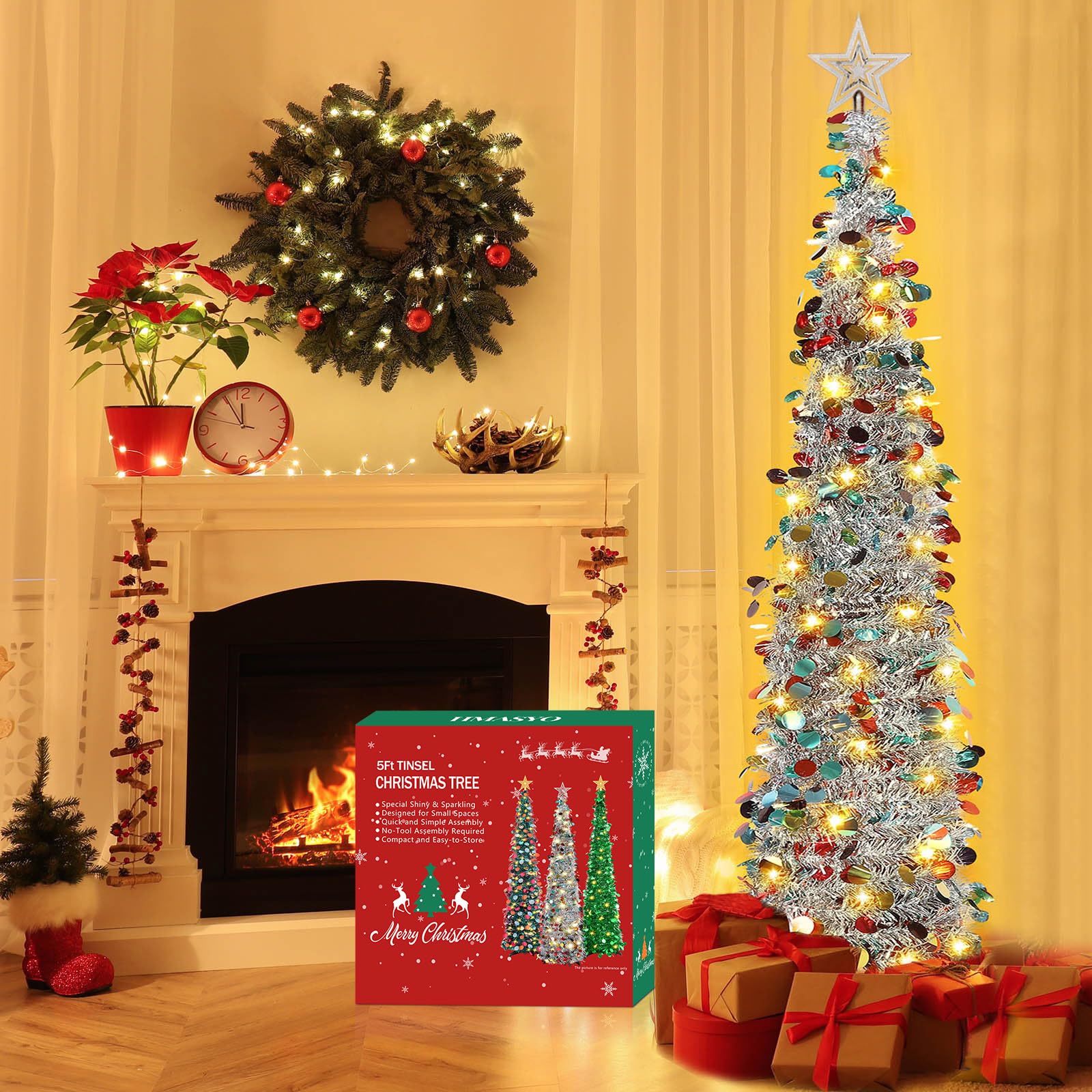 2Pcs Pop Up Christmas Tree with 50 Warm Lights 3D Topper Star - Collapsible Glitter Tinsel Artificial Christmas Pencil Trees Holiday Xmas Decoration for Indoor Home Office