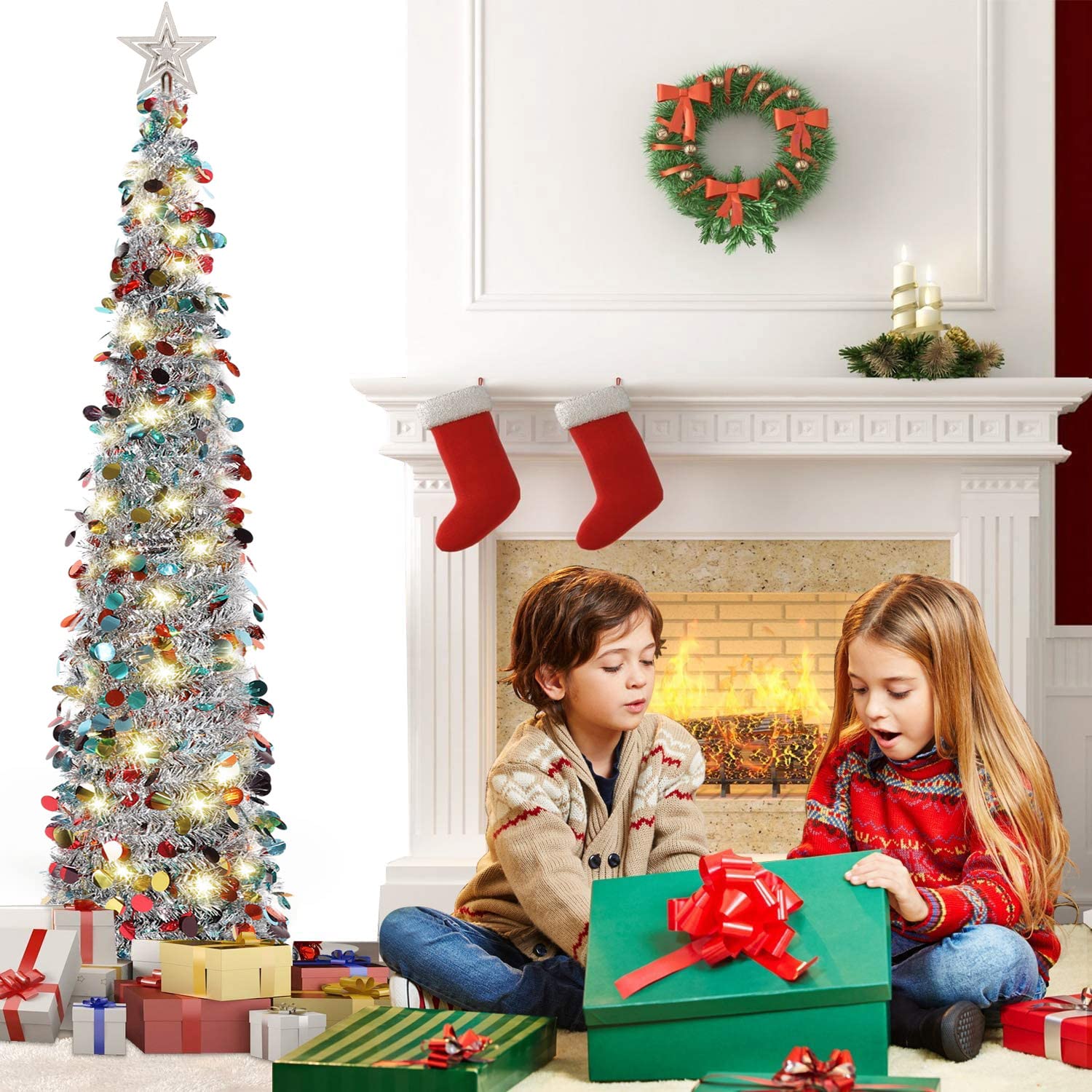 2Pcs Pop Up Christmas Tree with 50 Warm Lights 3D Topper Star - Collapsible Glitter Tinsel Artificial Christmas Pencil Trees Holiday Xmas Decoration for Indoor Home Office