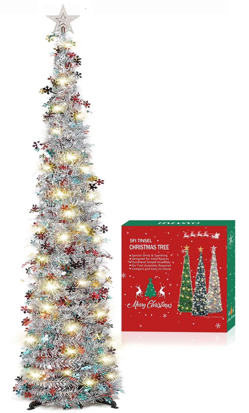 2Pcs Pop Up Christmas Tree with 50 Warm Lights 3D Topper Star - Collapsible Glitter Tinsel Artificial Christmas Pencil Trees Holiday Xmas Decoration for Indoor Home Office