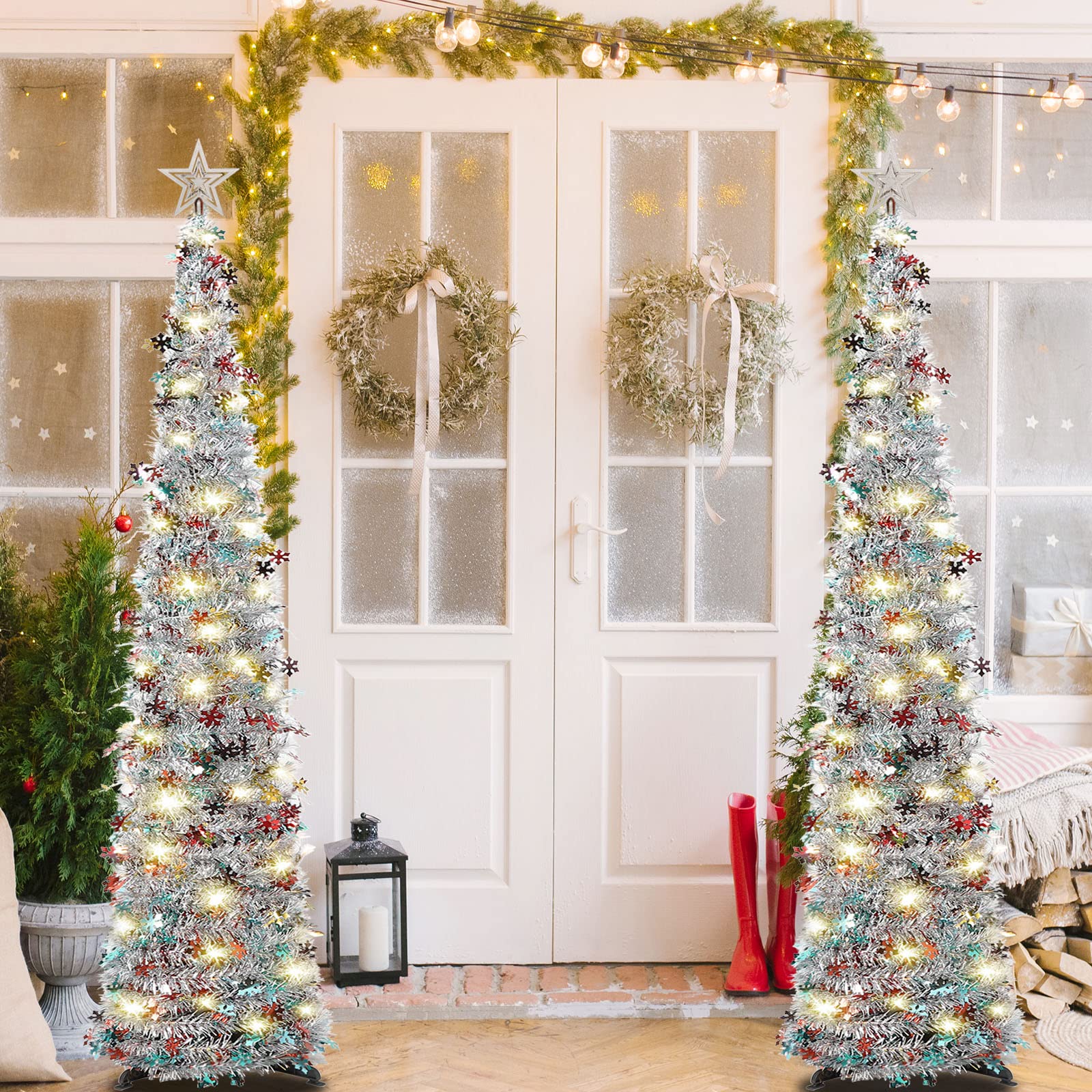 2Pcs Pop Up Christmas Tree with 50 Warm Lights 3D Topper Star - Collapsible Glitter Tinsel Artificial Christmas Pencil Trees Holiday Xmas Decoration for Indoor Home Office