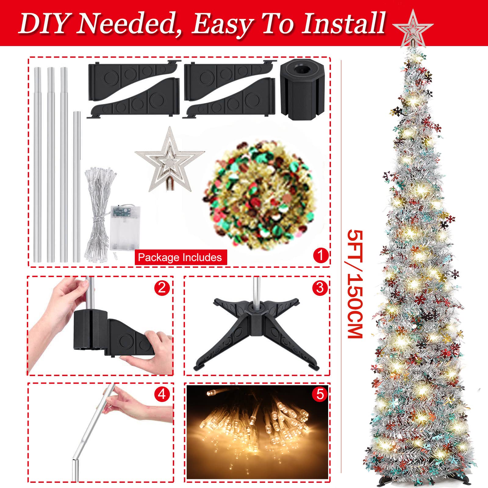 2Pcs Pop Up Christmas Tree with 50 Warm Lights 3D Topper Star - Collapsible Glitter Tinsel Artificial Christmas Pencil Trees Holiday Xmas Decoration for Indoor Home Office