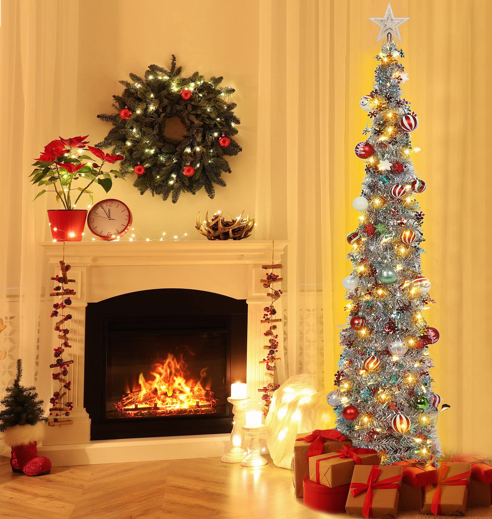 2Pcs Pop Up Christmas Tree with 50 Warm Lights 3D Topper Star - Collapsible Glitter Tinsel Artificial Christmas Pencil Trees Holiday Xmas Decoration for Indoor Home Office