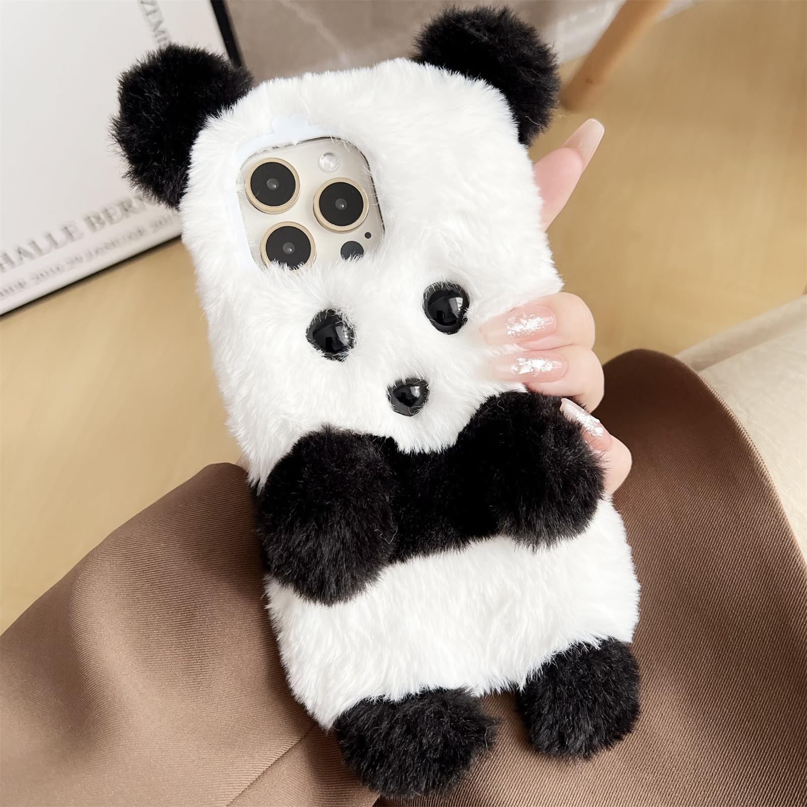 for Samsung A04/A04s Furry Phone Case, Super Cute Plush Panda Sweet Animal Cartoon Lovely Stuffed Toy Soft Hair Fluffy Fuzzy Fur Protective Case
