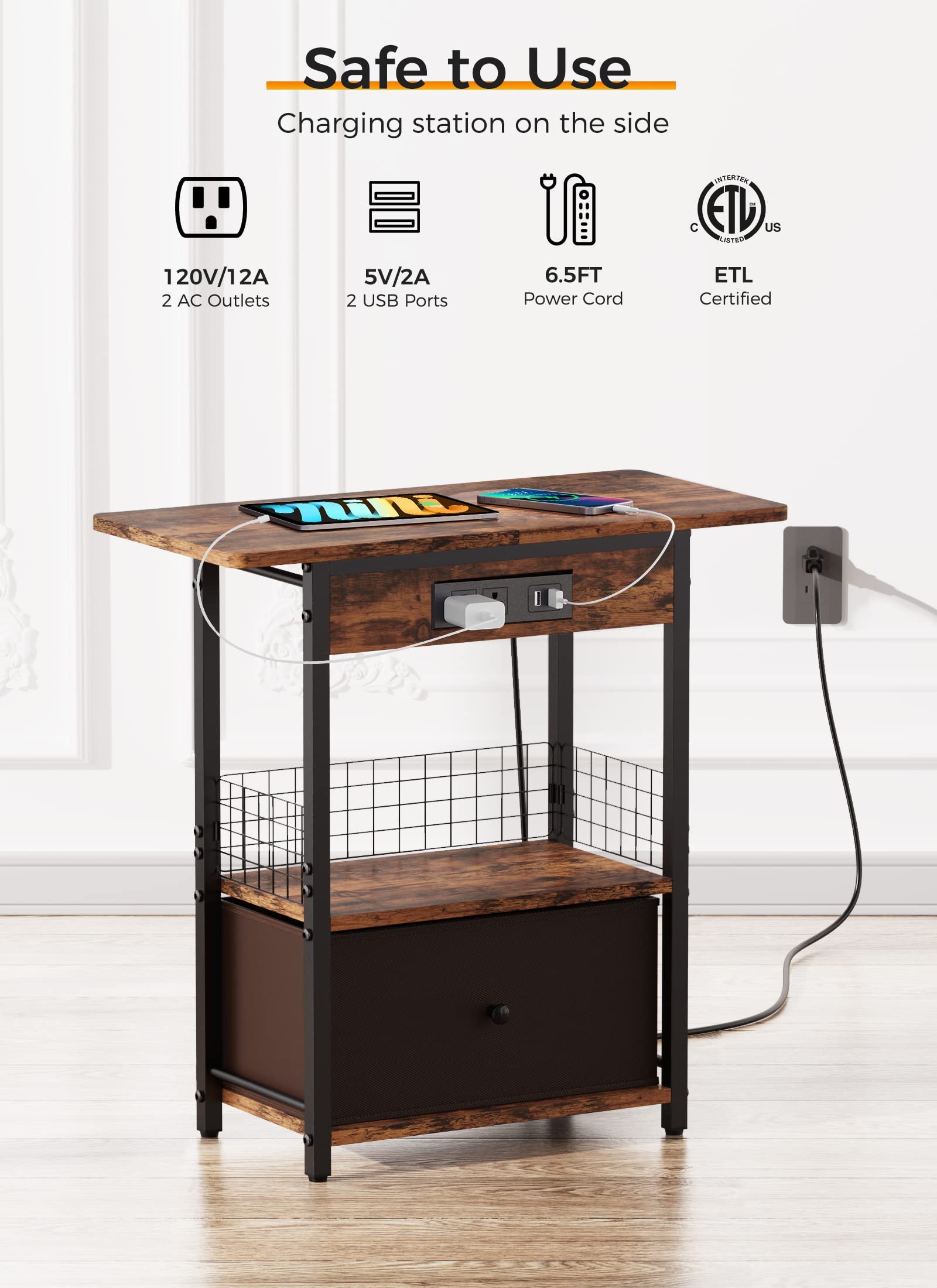 GiveBest End Table with Charging Station, Narrow Side Table with USB Ports and Outlets, Sofa Couch Table for Small Spaces, Slim Bedside Table Nightstand with Storage for Living Room Bedroom Office