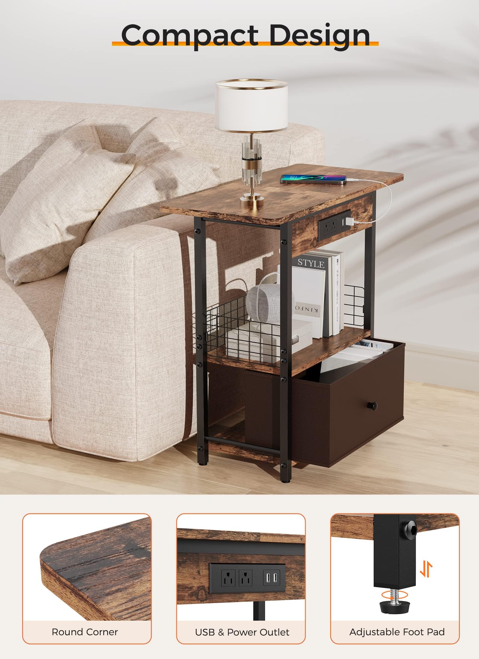 GiveBest End Table with Charging Station, Narrow Side Table with USB Ports and Outlets, Sofa Couch Table for Small Spaces, Slim Bedside Table Nightstand with Storage for Living Room Bedroom Office