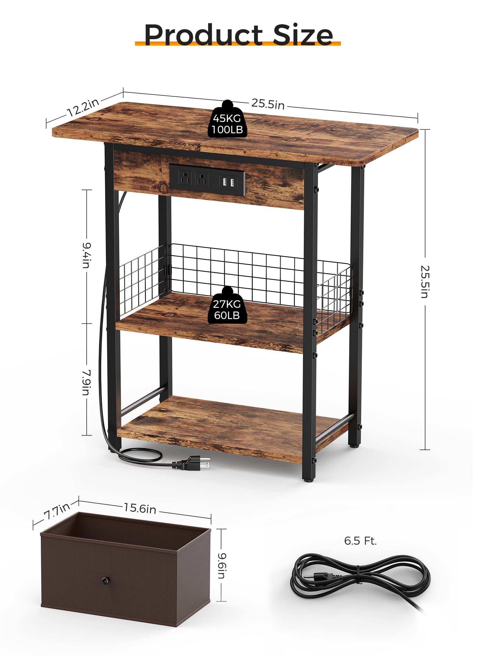 GiveBest End Table with Charging Station, Narrow Side Table with USB Ports and Outlets, Sofa Couch Table for Small Spaces, Slim Bedside Table Nightstand with Storage for Living Room Bedroom Office