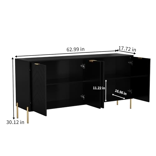 Clihome Storage Cabinet with 4 Doors,63 Inch Monden Accent Cabinet with Adjustable Shelf,Free-Standing Sideboard with Gold Legs for Hallway, Living Room, Black