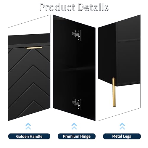 Clihome Storage Cabinet with 4 Doors,63 Inch Monden Accent Cabinet with Adjustable Shelf,Free-Standing Sideboard with Gold Legs for Hallway, Living Room, Black
