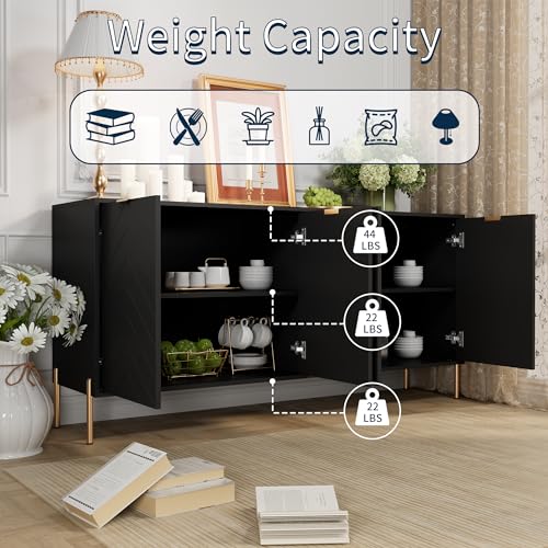Clihome Storage Cabinet with 4 Doors,63 Inch Monden Accent Cabinet with Adjustable Shelf,Free-Standing Sideboard with Gold Legs for Hallway, Living Room, Black