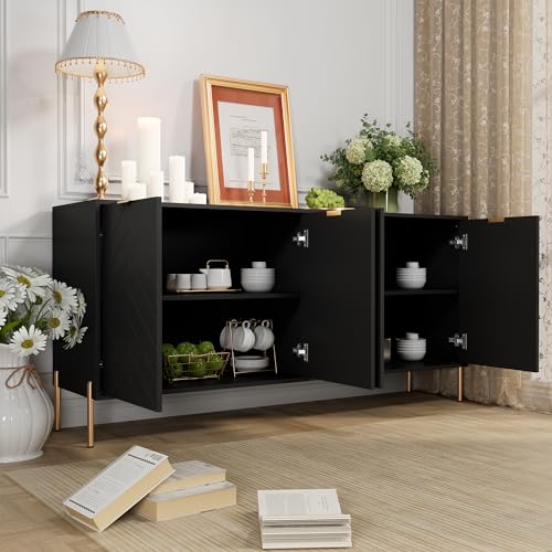 Clihome Storage Cabinet with 4 Doors,63 Inch Monden Accent Cabinet with Adjustable Shelf,Free-Standing Sideboard with Gold Legs for Hallway, Living Room, Black