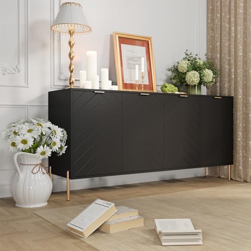 Clihome Storage Cabinet with 4 Doors,63 Inch Monden Accent Cabinet with Adjustable Shelf,Free-Standing Sideboard with Gold Legs for Hallway, Living Room, Black