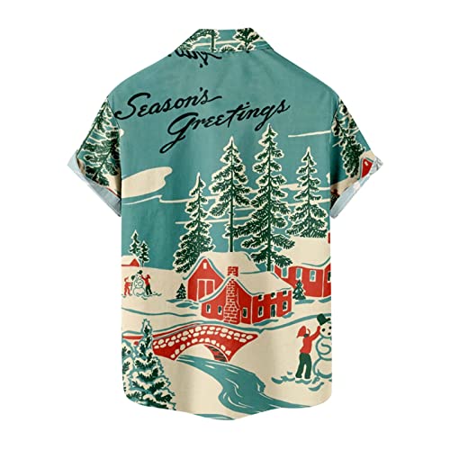 Lcxifdre Men’s Bowling Shirt Christmas Short Sleeve Button Up Shirts Xmas Santa Printing Plus Size T Shirts Loose Undershirts Light Blue