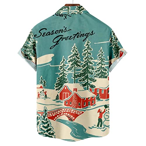 Lcxifdre Men’s Bowling Shirt Christmas Short Sleeve Button Up Shirts Xmas Santa Printing Plus Size T Shirts Loose Undershirts Light Blue